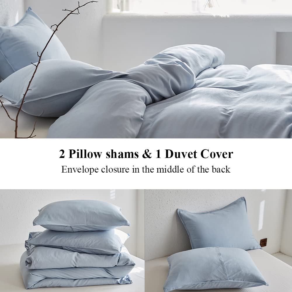 BISELINA Linen Lyocell Duvet Cover Set 3 Pieces 20% Natural Flax 80% Lyocell Blend Solid Color Soft Cool Lightweight Luxury Bedding - Sky Blue, Queen Size