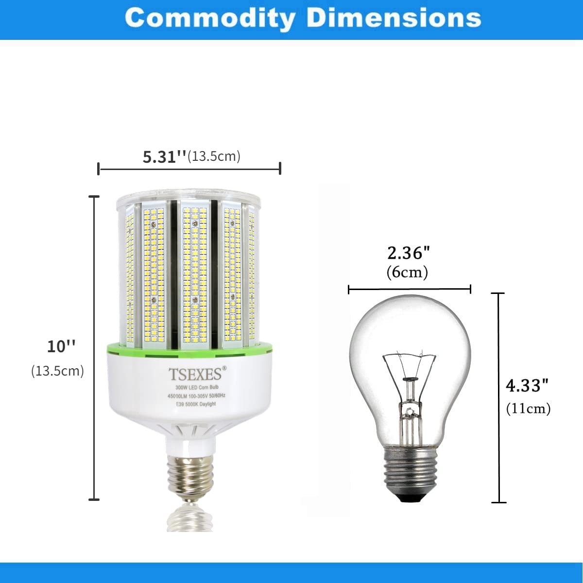 TSEXES 300W LED Corn Bulb, E39 Light Bulb Base,45000Lm 5000K,Replacement for 1000W HID,MH, HPS Parking lot High Bay Work Shop