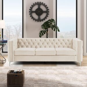 morden fort couches for living room, 85“beige morden sofa with button tufted, nailhead trim, 3-seater velvet sofa for apartroom, bedroom, office