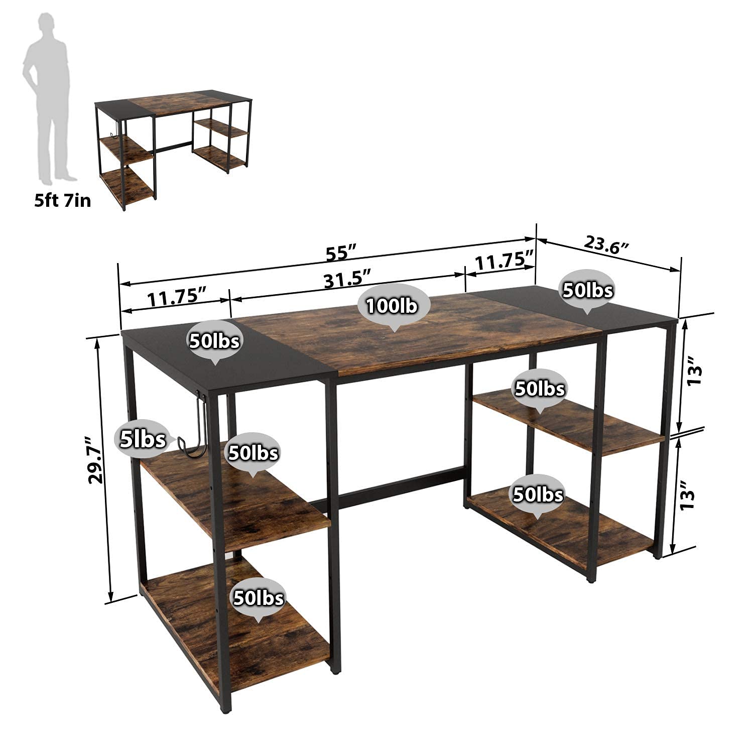 Bestier Computer Desk with 4 Storage Shelves, 55 inch Study Writing Table with Splice Tabletop, Rustic Brown and Black Top