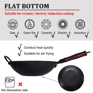 XEEYAYA Carbon Steel Wok Pan with Lid, Chinese Flat Bottom Woks and Stir Fry Pans, 12.5" Hand Hammered Traditional Wok for Electric, Induction & Gas Stoves