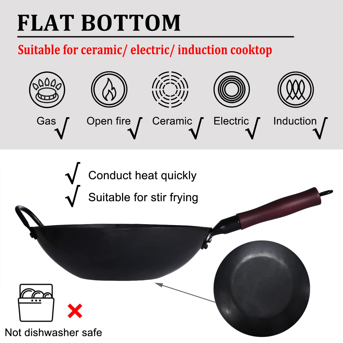 XEEYAYA Carbon Steel Wok Pan with Lid, Chinese Flat Bottom Woks and Stir Fry Pans, 12.5" Hand Hammered Traditional Wok for Electric, Induction & Gas Stoves