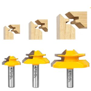 mna 45 degree lock miter router bit 3-piece set, for 1/2”, 3/4”, 1” cutting height, 1/2 inch shank. easy to create lock miter joint