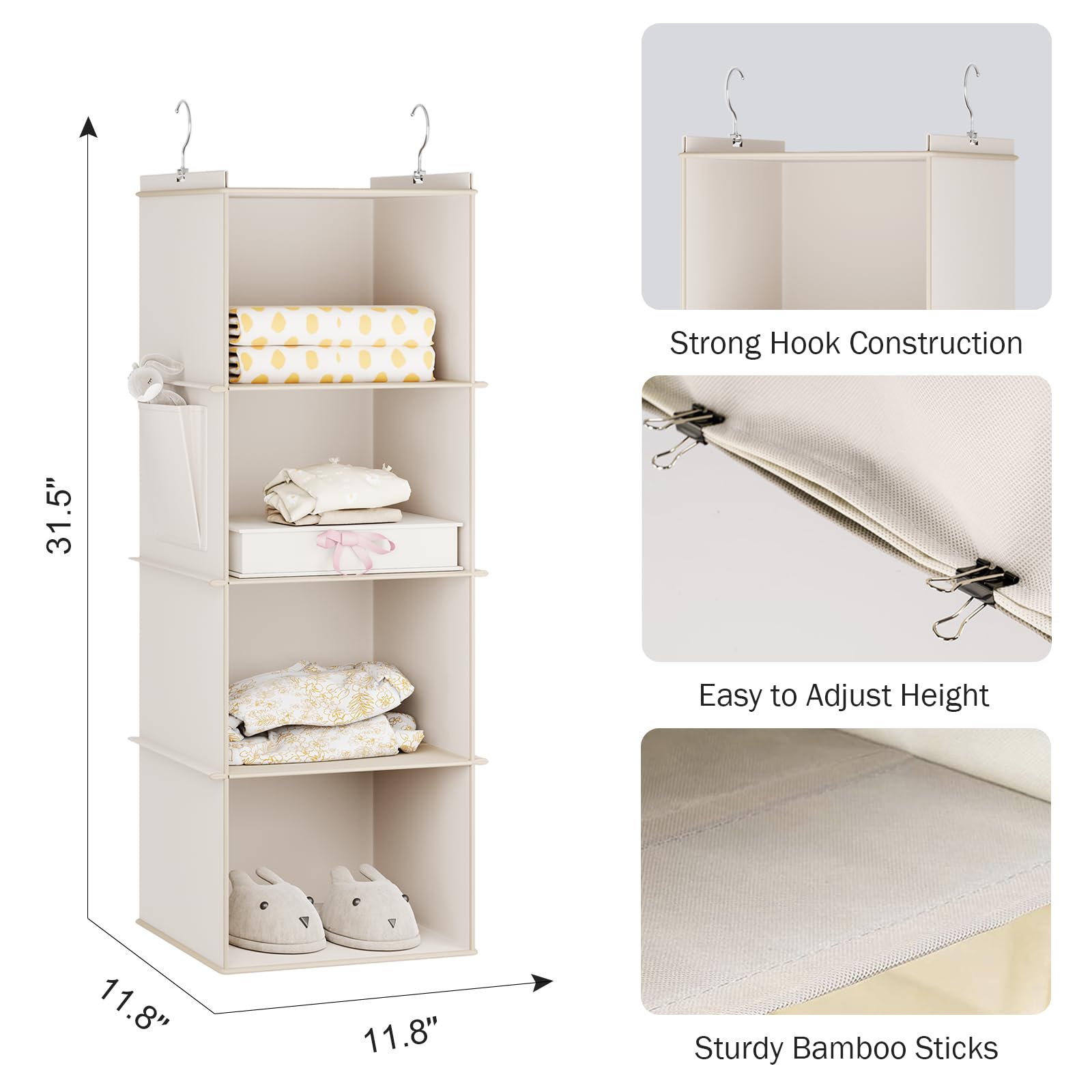 YOUDENOVA Hanging Closet Organizer, 4-Shelf Closet Hanging Storage Shelves, Beige