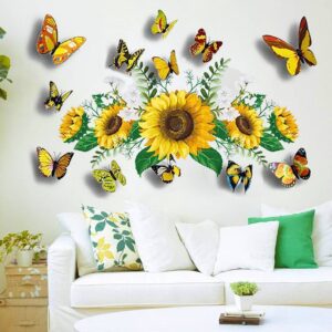 Sunflower Wall Stickers with 3D Butterfly Wall Sticker, Yellow Flowers Wall Decal,SPRT Waterproof and Removable, Sunflower Wall Stickers,Wall Stickers for Bedroom Living Room Bathroom Decor