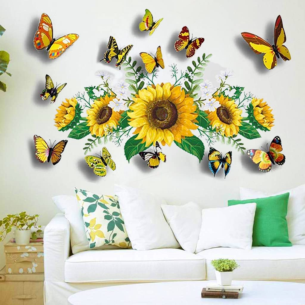 Sunflower Wall Stickers with 3D Butterfly Wall Sticker, Yellow Flowers Wall Decal,SPRT Waterproof and Removable, Sunflower Wall Stickers,Wall Stickers for Bedroom Living Room Bathroom Decor