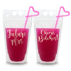 bachelorette drink pouch cups with straws (rose gold) 16 count, 15 oz. - engagement party decoration and bride to be gift