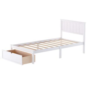 P PURLOVE Twin Size Bed Frame with Storage Drawer,Wood Platform Bed Frame with Headboard and for Kids, White