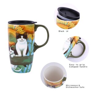 Topadorn Coffee Ceramic Mug Porcelain Latte Tea Cup With Lid 17oz. Cat