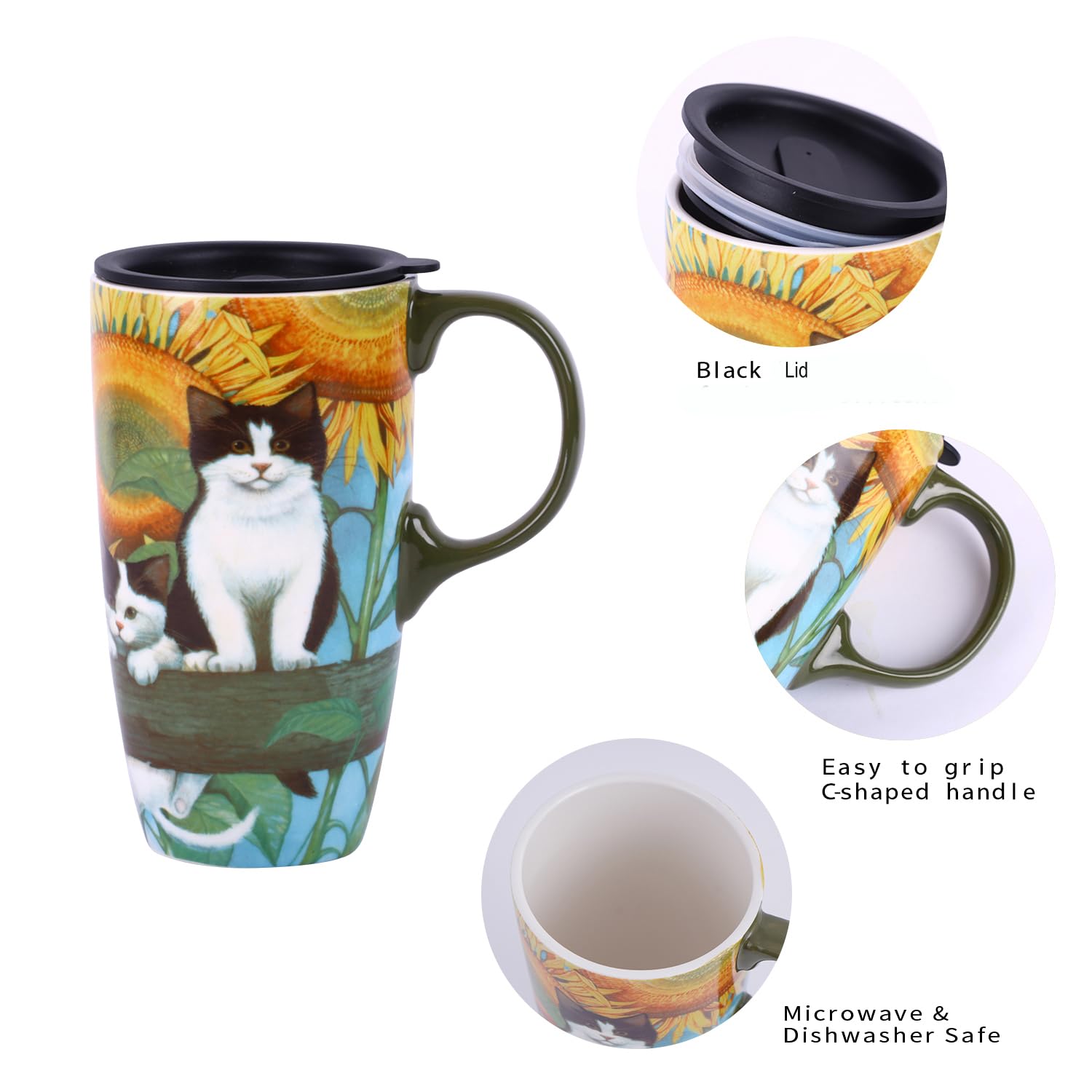 Topadorn Coffee Ceramic Mug Porcelain Latte Tea Cup With Lid 17oz. Cat