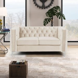 morden fort loveseat sofa, 61“beige mid-century couch with button tufted and nailhead trim and iron legs for living room, apartroom, bedroom, office