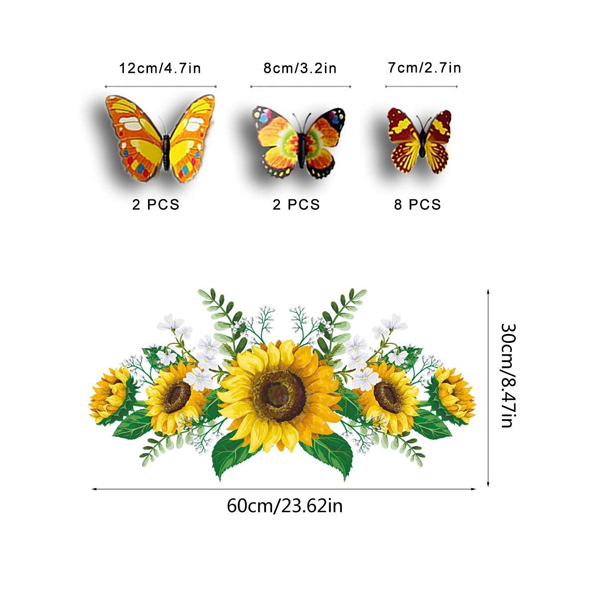 Sunflower Wall Stickers with 3D Butterfly Wall Sticker, Yellow Flowers Wall Decal,SPRT Waterproof and Removable, Sunflower Wall Stickers,Wall Stickers for Bedroom Living Room Bathroom Decor