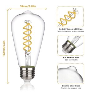 RuiAoTD ST58 (ST19) Vintage Edison LED Bulb, Daylight White 4000K, Antique Flexible Spiral LED Filament Light Bulb, 600LM Dimmable, 6W Equivalent to 60W, CRI 80+, E26 Base, Clear Glass, 6 Pack