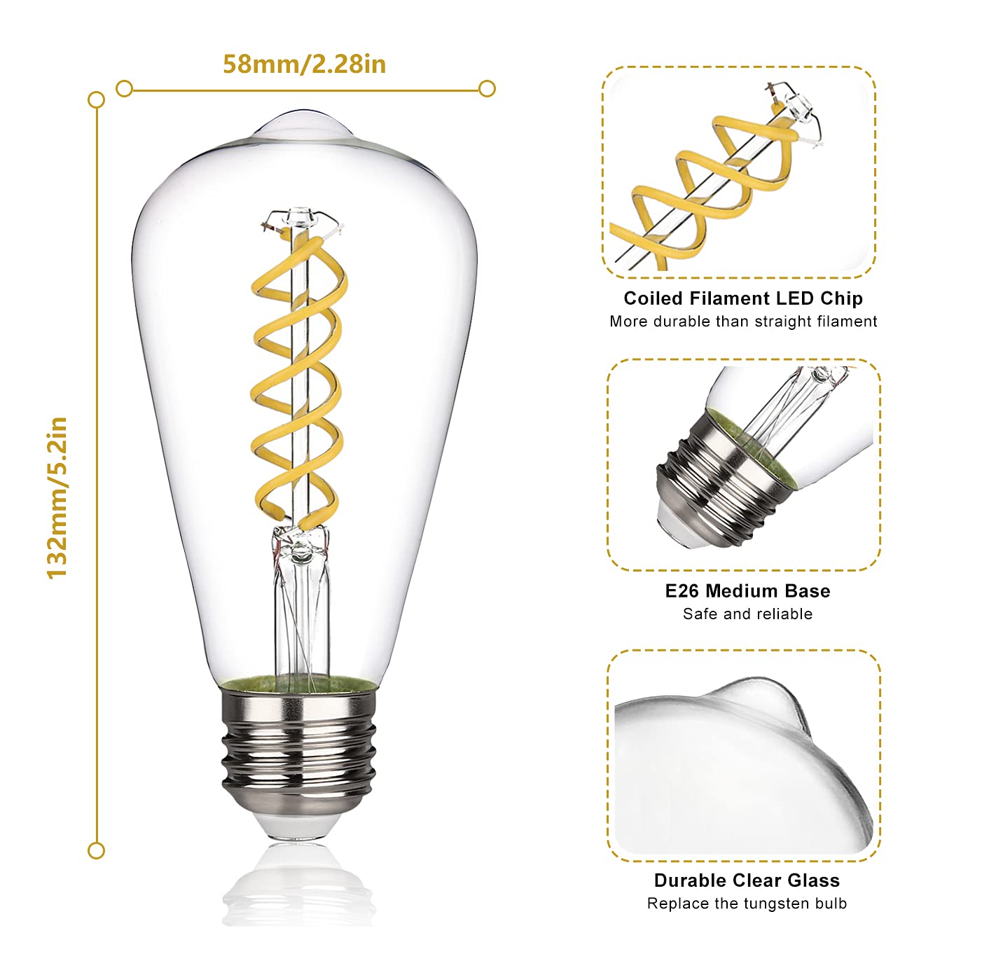 RuiAoTD ST58 (ST19) Vintage Edison LED Bulb, Daylight White 4000K, Antique Flexible Spiral LED Filament Light Bulb, 600LM Dimmable, 6W Equivalent to 60W, CRI 80+, E26 Base, Clear Glass, 6 Pack