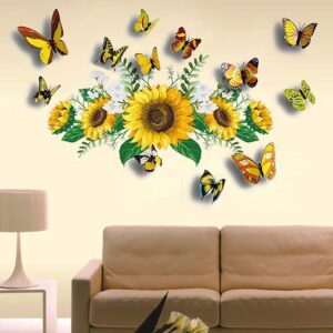 Sunflower Wall Stickers with 3D Butterfly Wall Sticker, Yellow Flowers Wall Decal,SPRT Waterproof and Removable, Sunflower Wall Stickers,Wall Stickers for Bedroom Living Room Bathroom Decor