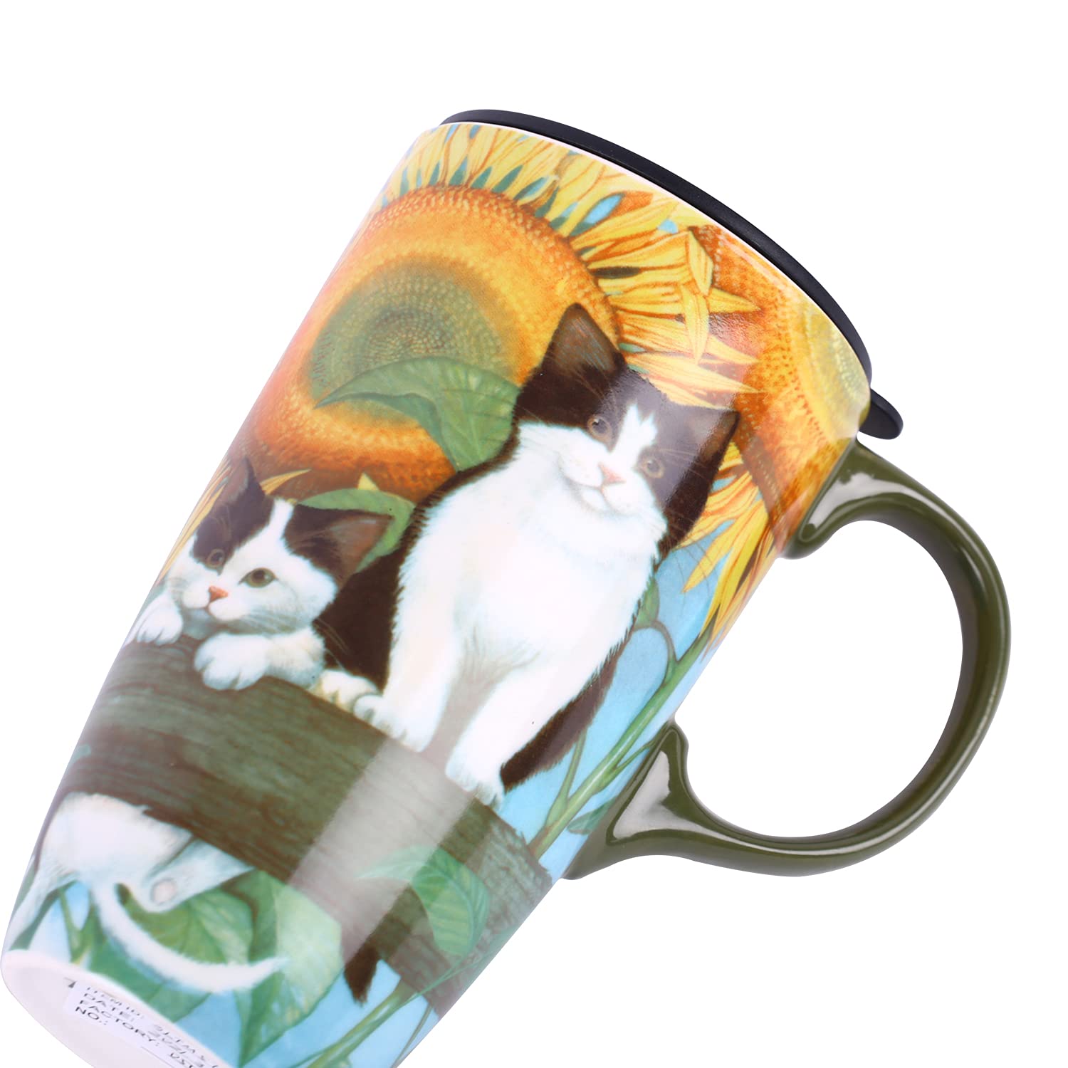 Topadorn Coffee Ceramic Mug Porcelain Latte Tea Cup With Lid 17oz. Cat