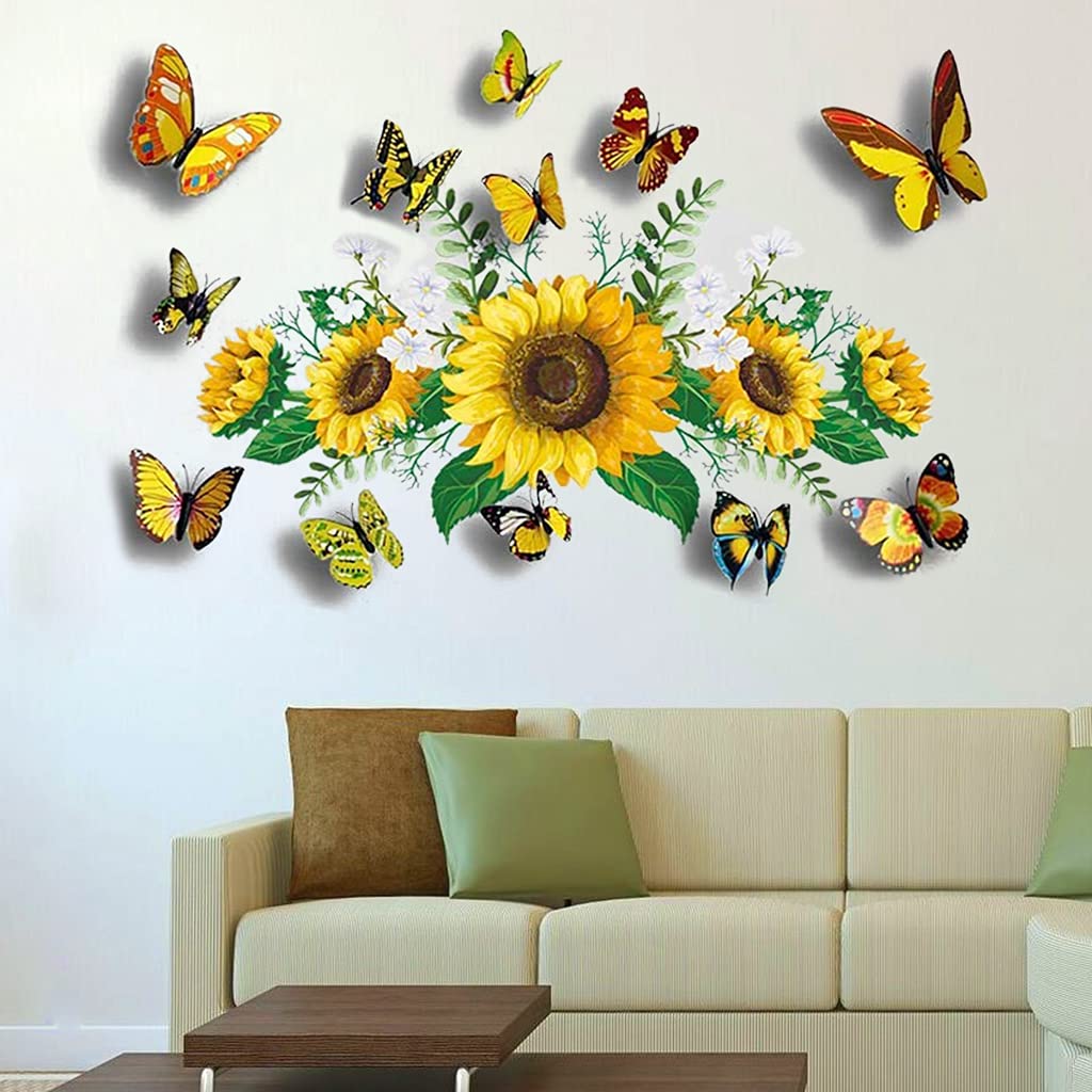 Sunflower Wall Stickers with 3D Butterfly Wall Sticker, Yellow Flowers Wall Decal,SPRT Waterproof and Removable, Sunflower Wall Stickers,Wall Stickers for Bedroom Living Room Bathroom Decor