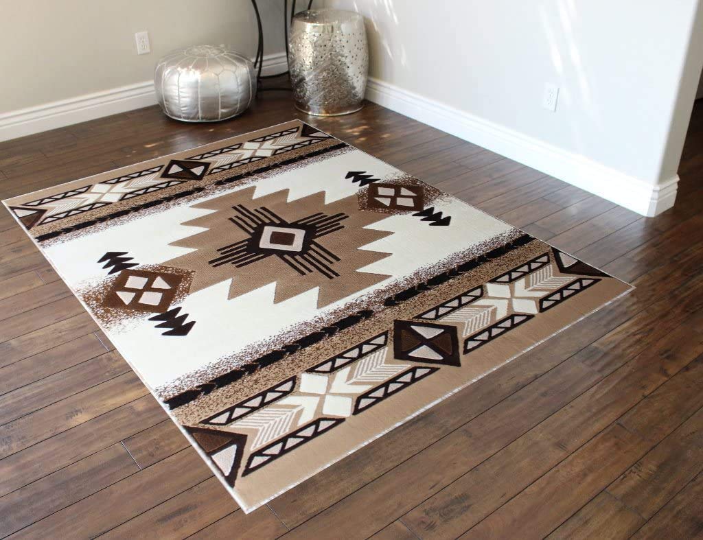 YHSF South West Native American Area Rug C318 - Easy Clean, Thick, Soft, Durable Native Tribal American Indian Inspired Rug for Bedroom/Living Room and More - Ivory, 5 Feet x 7 Feet