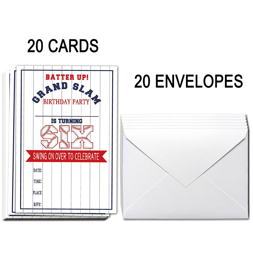 ukebobo 6th Birthday Party Invitations with Envelopes – Batter Up Baseball Party Invitations, Baseball Party Decorations– 20 Cards With Envelopes（bq-06）