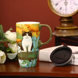 Topadorn Coffee Ceramic Mug Porcelain Latte Tea Cup With Lid 17oz. Cat