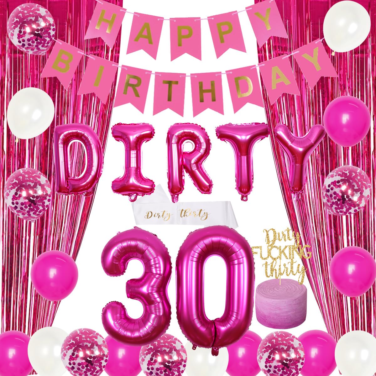 Fangleland 30th Birthday Party Decorations for Her Hot Pink Dirty Thirty Banner Balloon Dirty 30 Sash Cake Topper for 30 Years Old Birthday Party Supplies