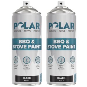 polar bbq & stove spray paint - matt black - 2 x 13.5 fl oz - heat resistant barbeque paint - up to 650°c - garden bbq, stoves, firepits, fireplaces & metal surfaces - indoor & outdoor