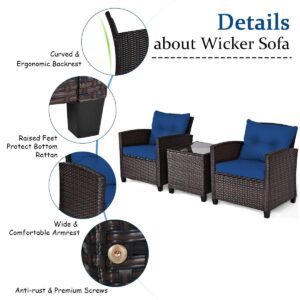 DORTALA 3 Pieces Patio Furniture Set, Outdoor Wicker Rattan Conversation Sofa Set with Cushion, Tempered Glass Top Table for Backyard Porch Garden Poolside Balcony, Navy