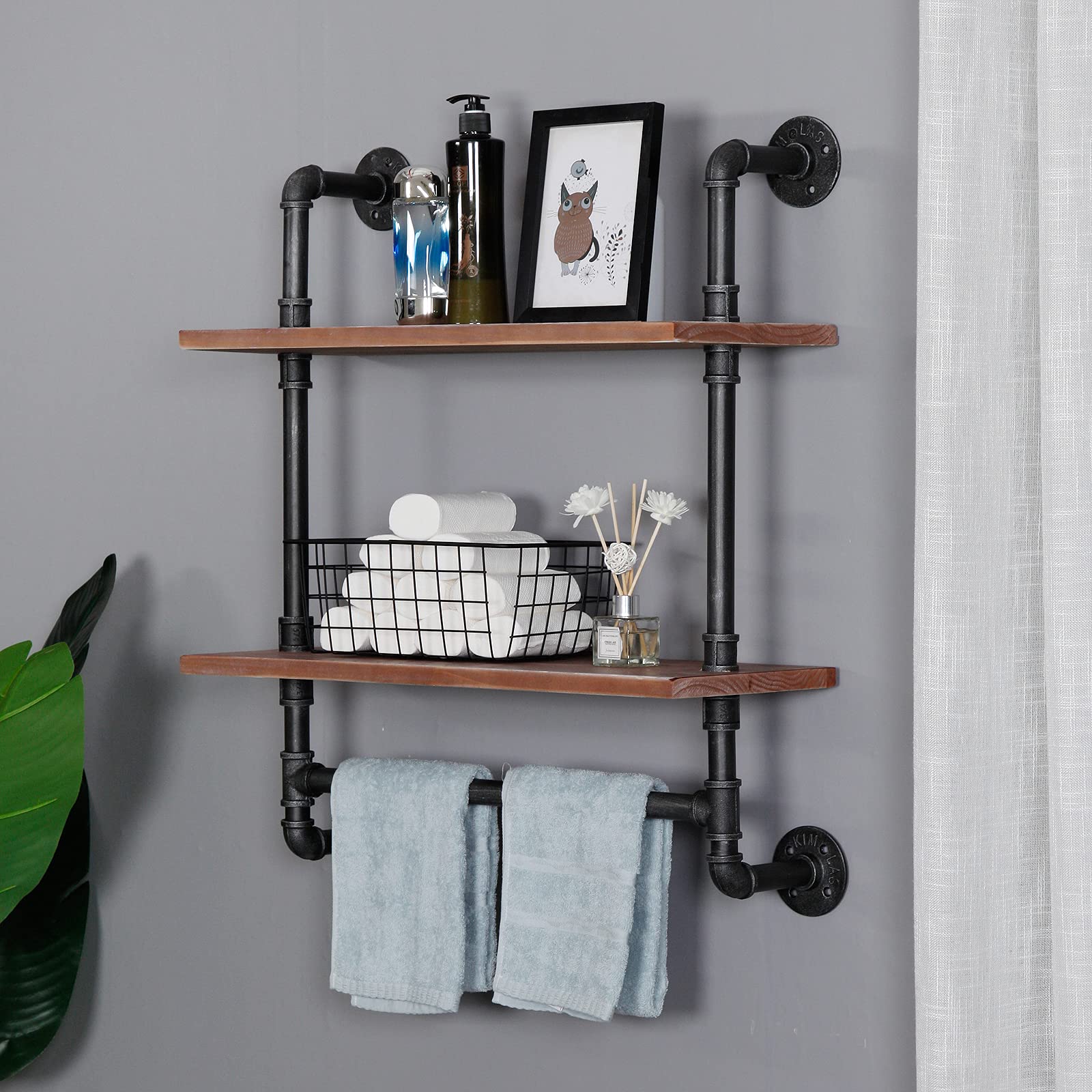 SSS Furniture Industrial Pipe Shelf Bathroom Shelves Wall Mounted, 2 Tier 19.6in Rustic Wood Floating Shroom Decor Wall Shelfelves with Towel Bar, Farmhouse Rustic Bath