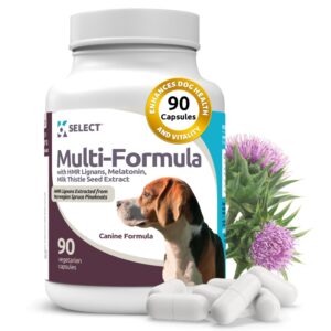 k9 select multi-formula dog vitamins for medium dogs - 20mg hmr lignans, 2mg melatonin, 40mg milk thistle - helps heart, liver, digestion, skin & coat health, dog multivitamin, 90 capsules