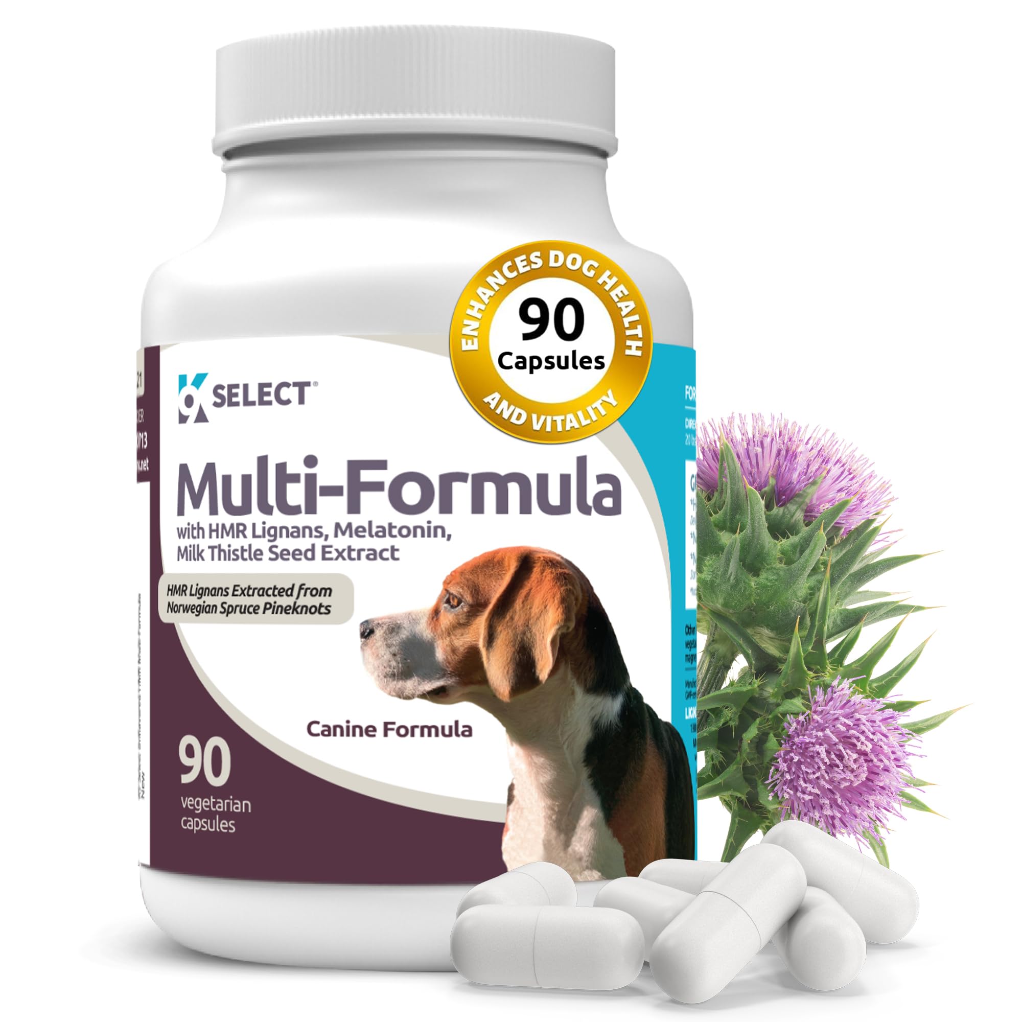 K9 Select Multi-Formula Dog Vitamins for Medium Dogs - 20mg HMR Lignans, 2mg Melatonin, 40mg Milk Thistle - Helps Heart, Liver, Digestion, Skin & Coat Health, Dog Multivitamin, 90 Capsules