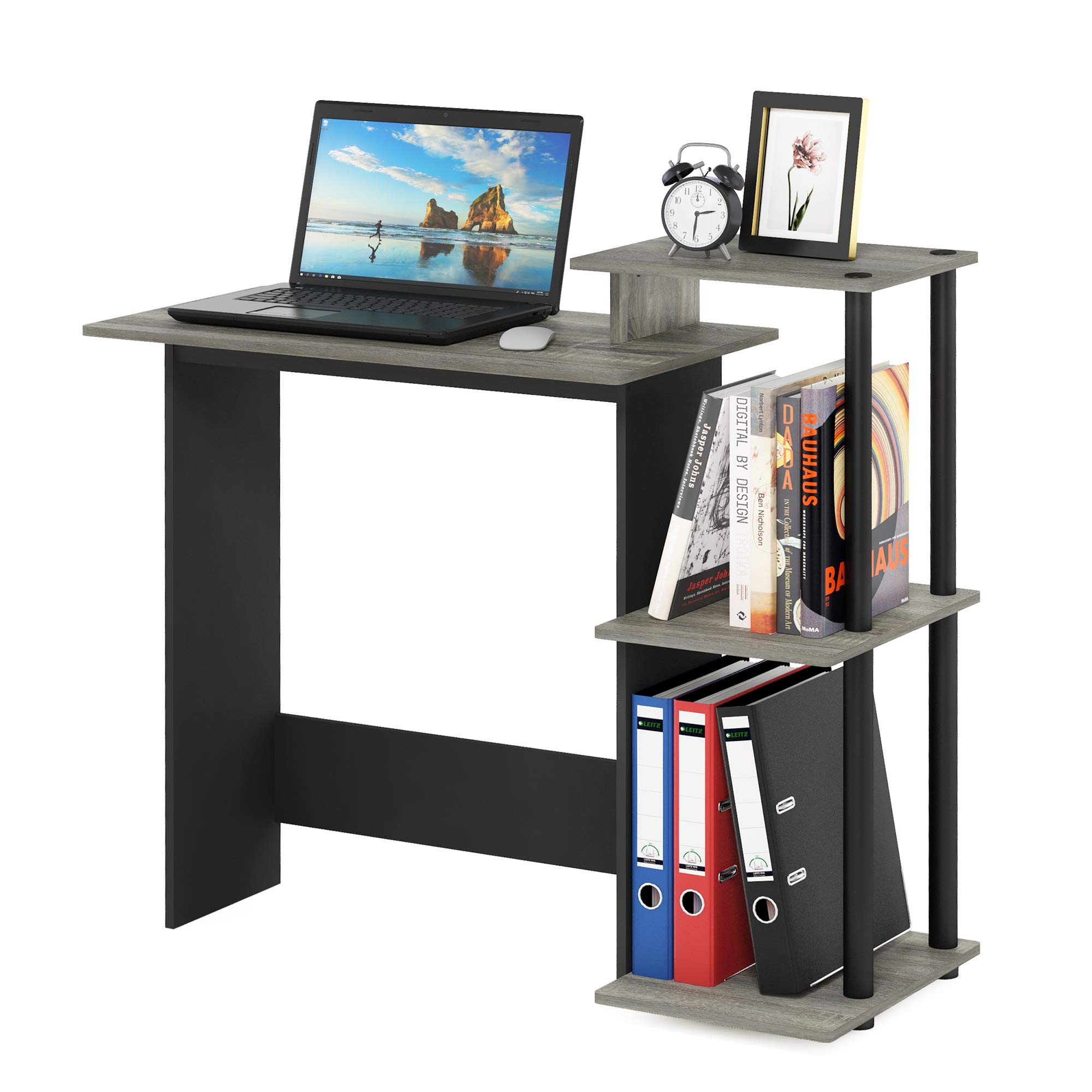 Furinno Efficient Home Laptop Notebook Computer Desk with Square Shelves, French Oak/Black