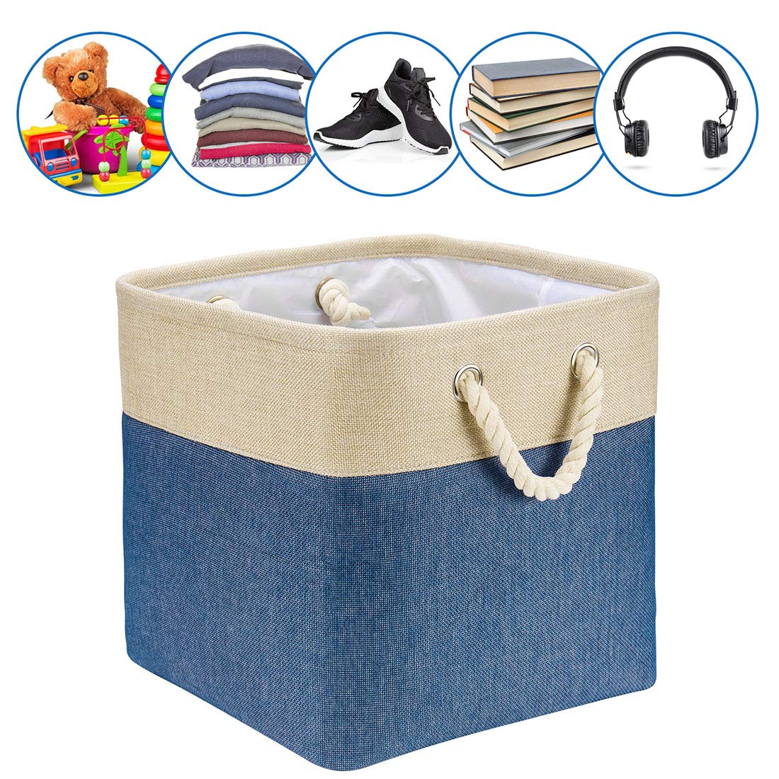 i BKGOO 3Pack Large Foldable Storage Bins，Collapsible Sturdy Cationic Fabric Organizing Storage Basket Cube with Cotton Handles for Home Office Shelf Clothes Toys Khaki-Blue 13×13×13 inch