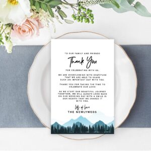 Andaz Press Mountain Forest Wedding Thank You Place Setting Cards for Table Reception, Dinner Plates, Wedding Favor Decoration Seating Settings for Guests, Family, Friends, 56-Pack, 4 x 6-Inch