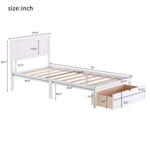 P PURLOVE Twin Size Bed Frame with Storage Drawer,Wood Platform Bed Frame with Headboard and for Kids, White