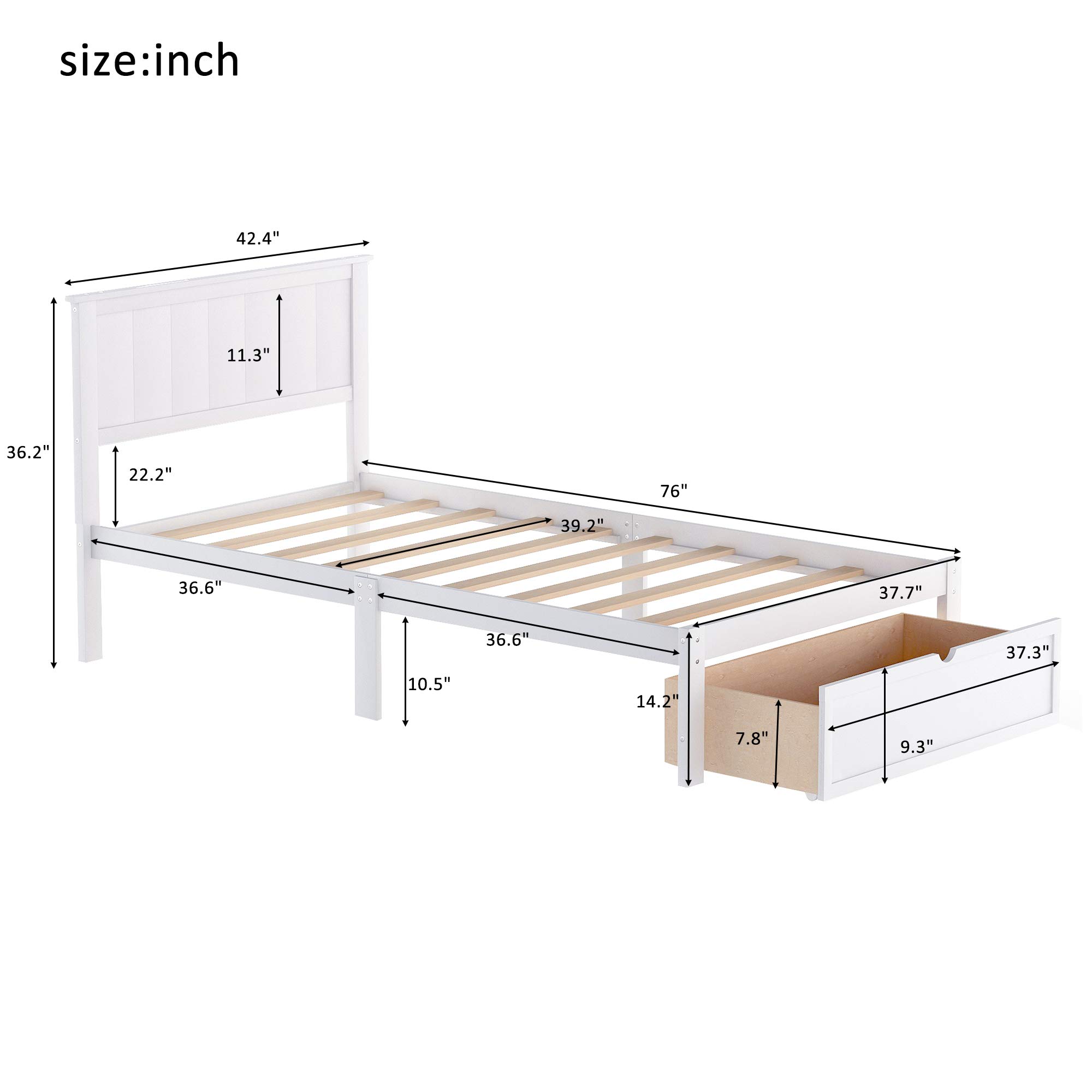 P PURLOVE Twin Size Bed Frame with Storage Drawer,Wood Platform Bed Frame with Headboard and for Kids, White