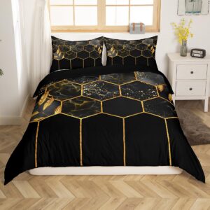 marble duvet cover king, black grey geometric gold plaid bedding set, modern luxury diamond comforter cover with metallic stripe printed beehive hexagon grid quilt cover with pillow shams,honeycomb