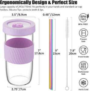 Reusable Glass Mason Jars Cups with Lids and Straws Silicone Sleeves, 4 Pack 24Oz Wide Mouth Smoothie Cups Glass Bubble Tea Cup Leakproof drinking glasses Travel Tumbler for Large Pearl Birthday Gifts