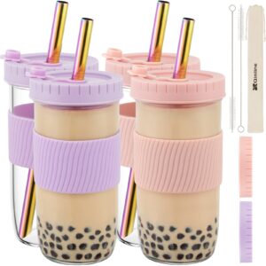 reusable glass mason jars cups with lids and straws silicone sleeves, 4 pack 24oz wide mouth smoothie cups glass bubble tea cup leakproof drinking glasses travel tumbler for large pearl birthday gifts