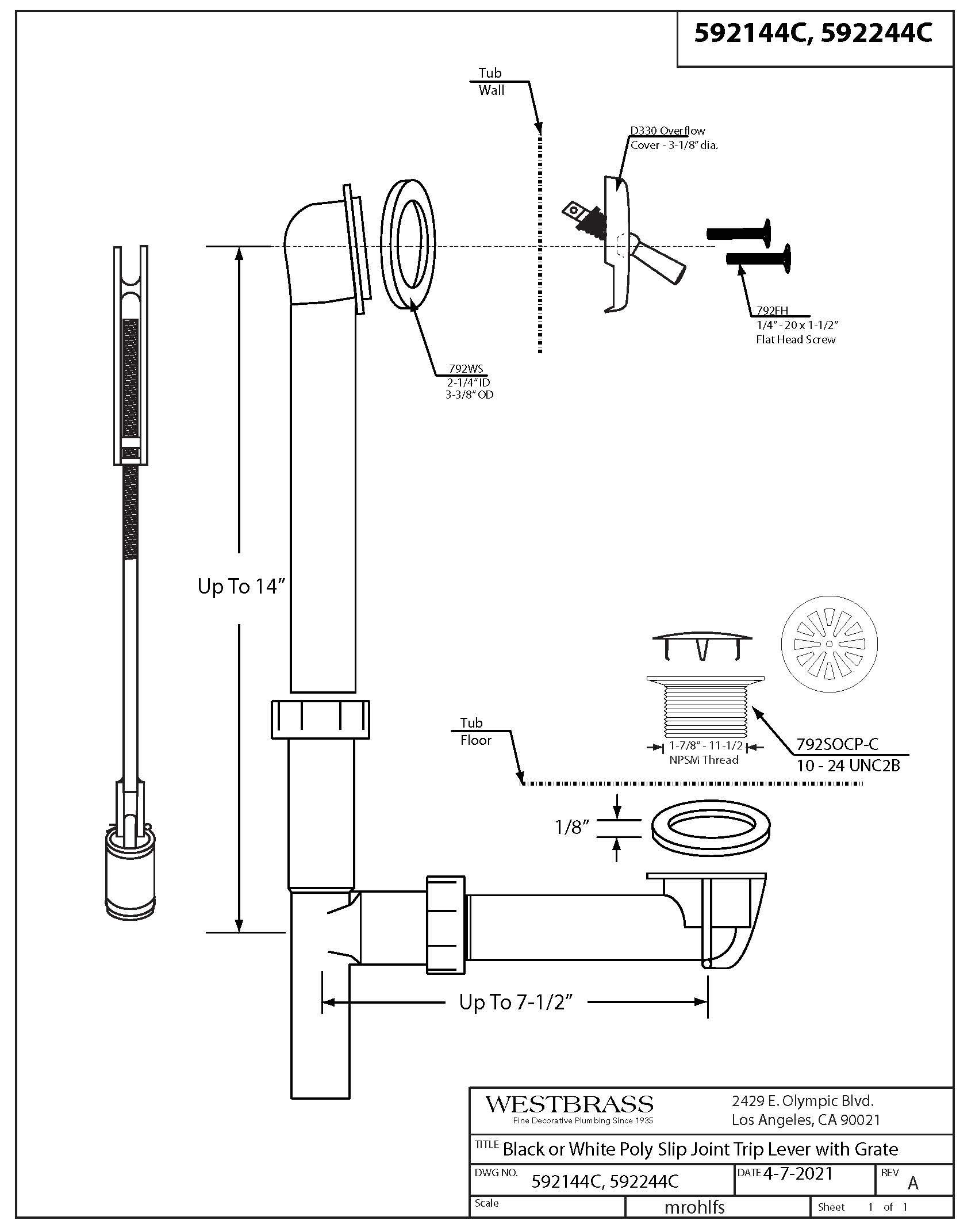 Westbrass 592144C-62 1-½' x 14" Black Poly Tubular Bath Waste & Overflow Assembly with Trip Lever and Strainer Grid Drain Cover, Matte Black