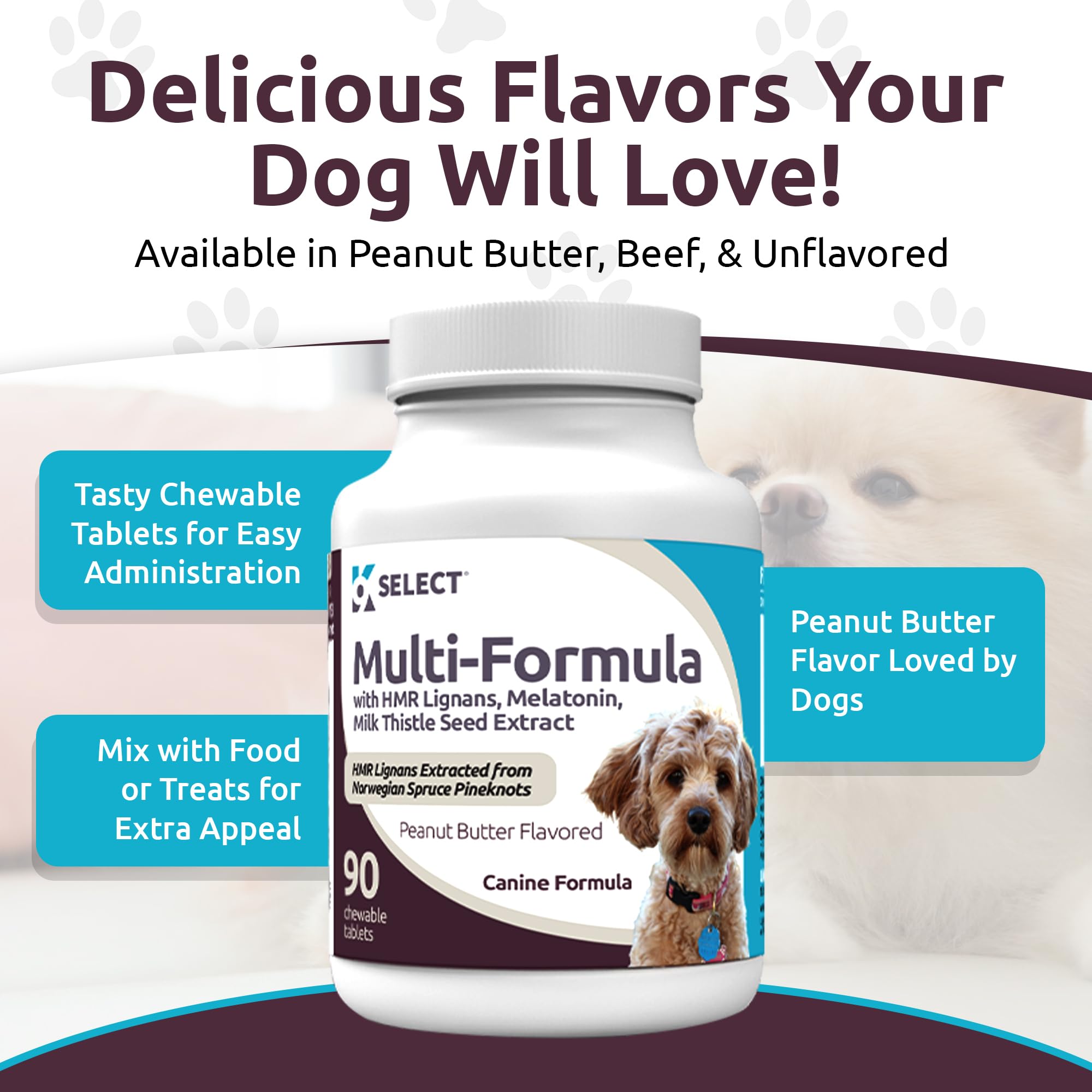 K9 Select Multi-Formula Dog Vitamins for Smaller Dogs - 10mg HMR Lignans, 1mg Melatonin, 20mg Milk Thistle - Helps Heart, Liver, Digestion, Skin & Coat Health, 90 Tablets, Peanut Butter Flavor