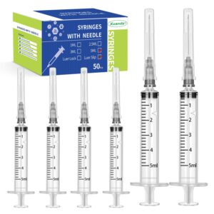 xuanda 5ml/cc syringes with needle individually wrapped for industrial, scientific, measuring, pet feeding (50 pack)