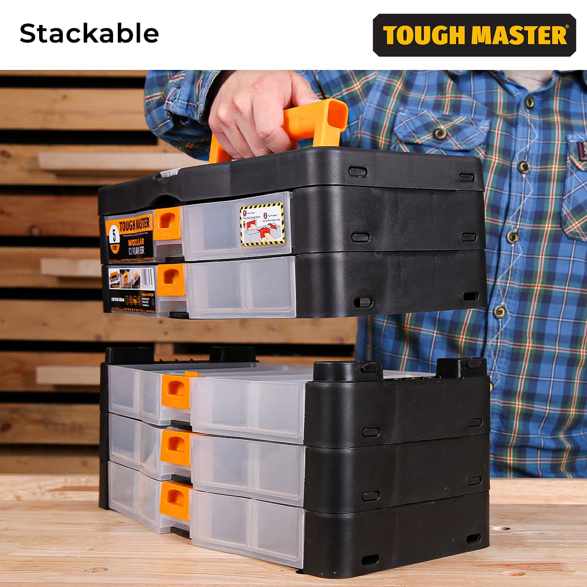 TOUGH MASTER TM-UPT-2071 Stackable 5 Drawer Organiser Storage Case with Comfortable Carry Handle for Small Household Bits, DIY Accessories and General Items, Black, Medium