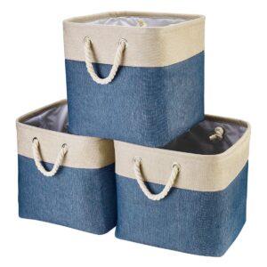 i bkgoo 3pack large foldable storage bins，collapsible sturdy cationic fabric organizing storage basket cube with cotton handles for home office shelf clothes toys khaki-blue 13×13×13 inch