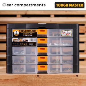 TOUGH MASTER TM-UPT-2071 Stackable 5 Drawer Organiser Storage Case with Comfortable Carry Handle for Small Household Bits, DIY Accessories and General Items, Black, Medium