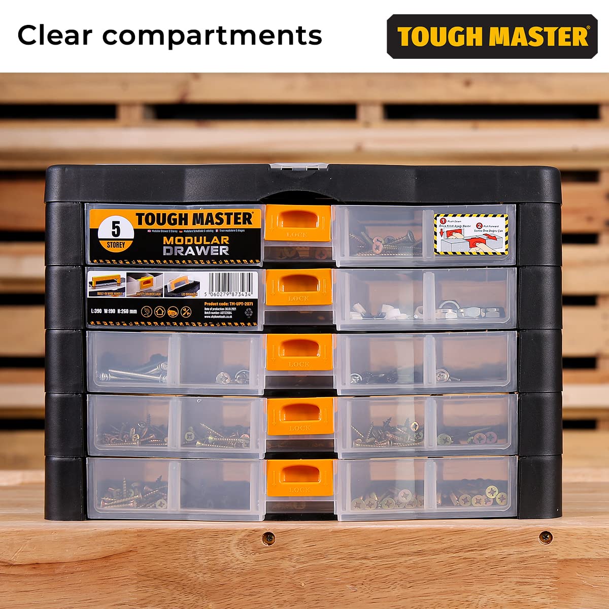 TOUGH MASTER TM-UPT-2071 Stackable 5 Drawer Organiser Storage Case with Comfortable Carry Handle for Small Household Bits, DIY Accessories and General Items, Black, Medium