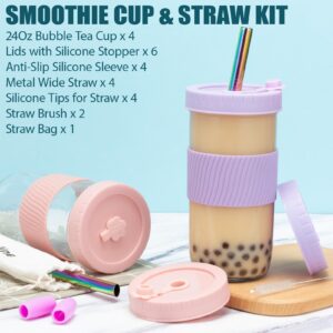 Reusable Glass Mason Jars Cups with Lids and Straws Silicone Sleeves, 4 Pack 24Oz Wide Mouth Smoothie Cups Glass Bubble Tea Cup Leakproof drinking glasses Travel Tumbler for Large Pearl Birthday Gifts