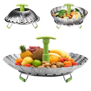 vegetable steamer basket, stainless steel folding steamer with extending removable center handle insert for veggie seafood cooking to fit various size pot(5.1" to 9")