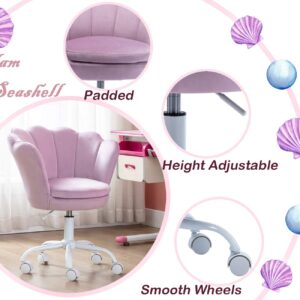 DM Kids Desk Chair Ergonomic Reading Study Computer Chair for Students Cute Modern Upholstered Velvet Swivel Rolling Arm Chair for Girls Bedroom, Seashell Back Adjustable Vanity Chair (Purple)