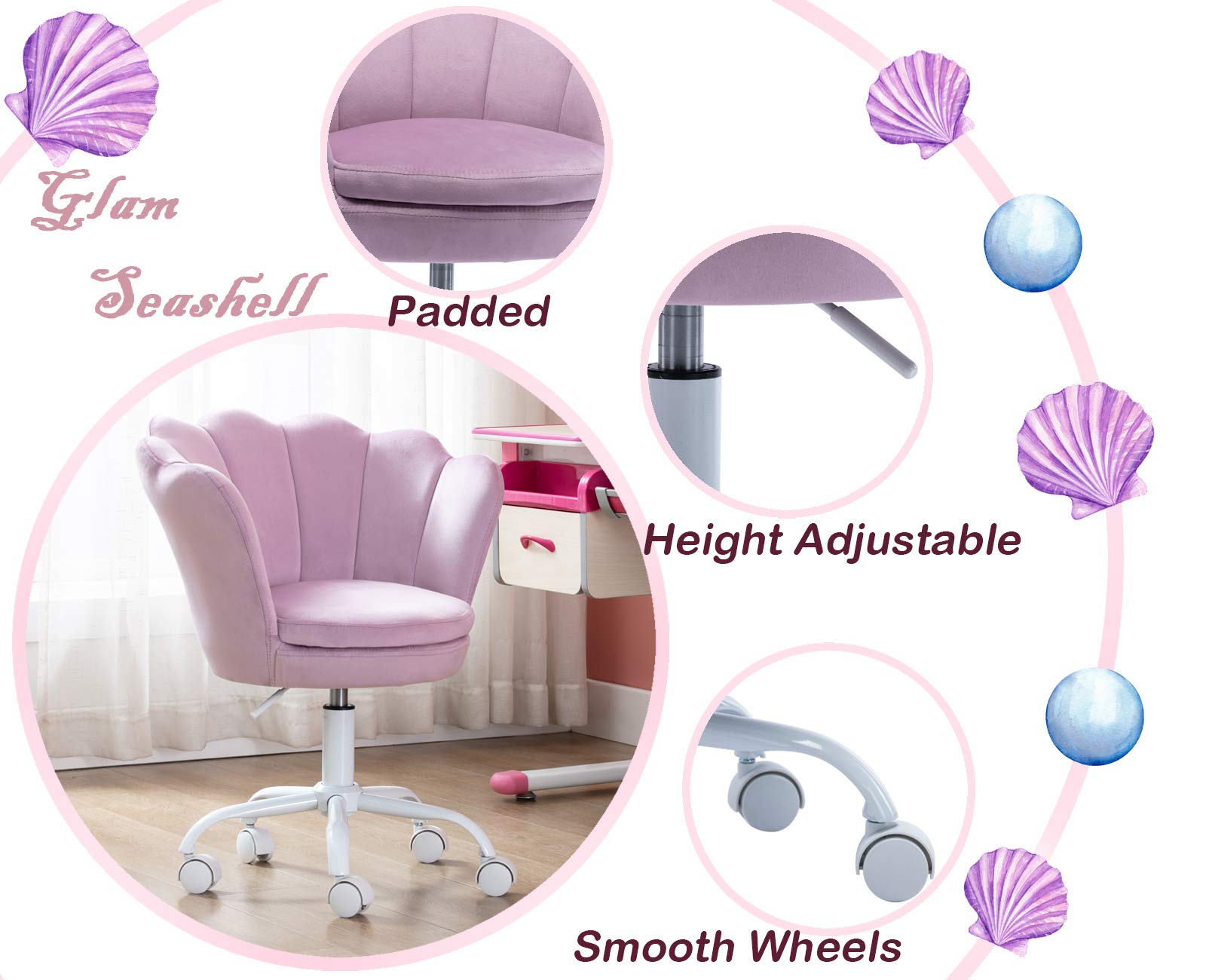 DM Kids Desk Chair Ergonomic Reading Study Computer Chair for Students Cute Modern Upholstered Velvet Swivel Rolling Arm Chair for Girls Bedroom, Seashell Back Adjustable Vanity Chair (Purple)