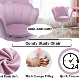 DM Kids Desk Chair Ergonomic Reading Study Computer Chair for Students Cute Modern Upholstered Velvet Swivel Rolling Arm Chair for Girls Bedroom, Seashell Back Adjustable Vanity Chair (Purple)